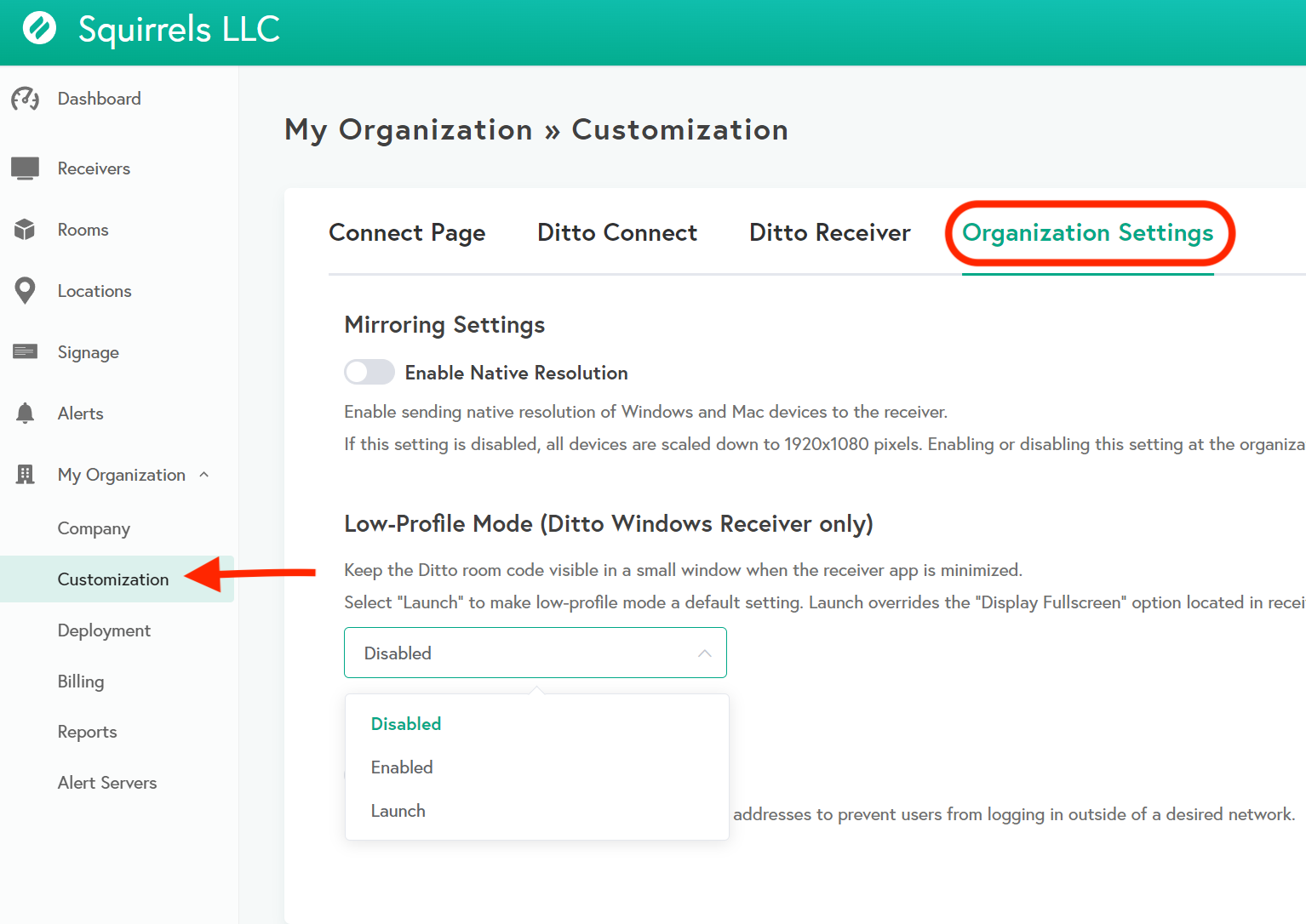 Using Low-Profile Mode for Ditto Windows Receivers